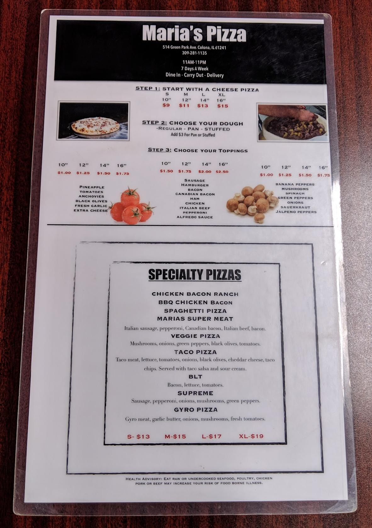 Carta de pizzería Maria's Pizza, Colona