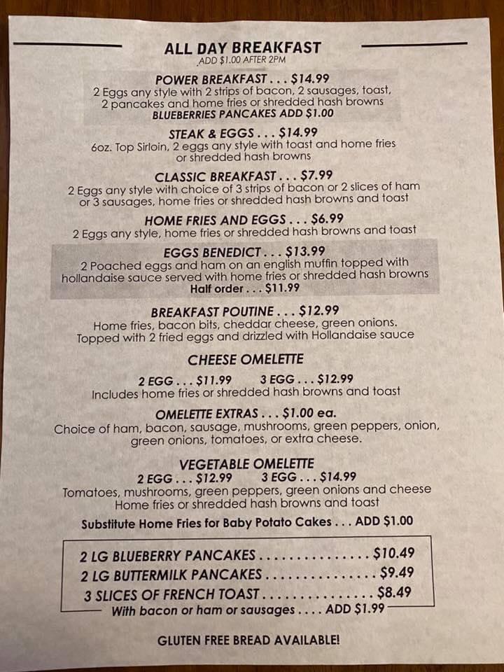 Menu au Patricia Inn Family Restaurant, Dryden