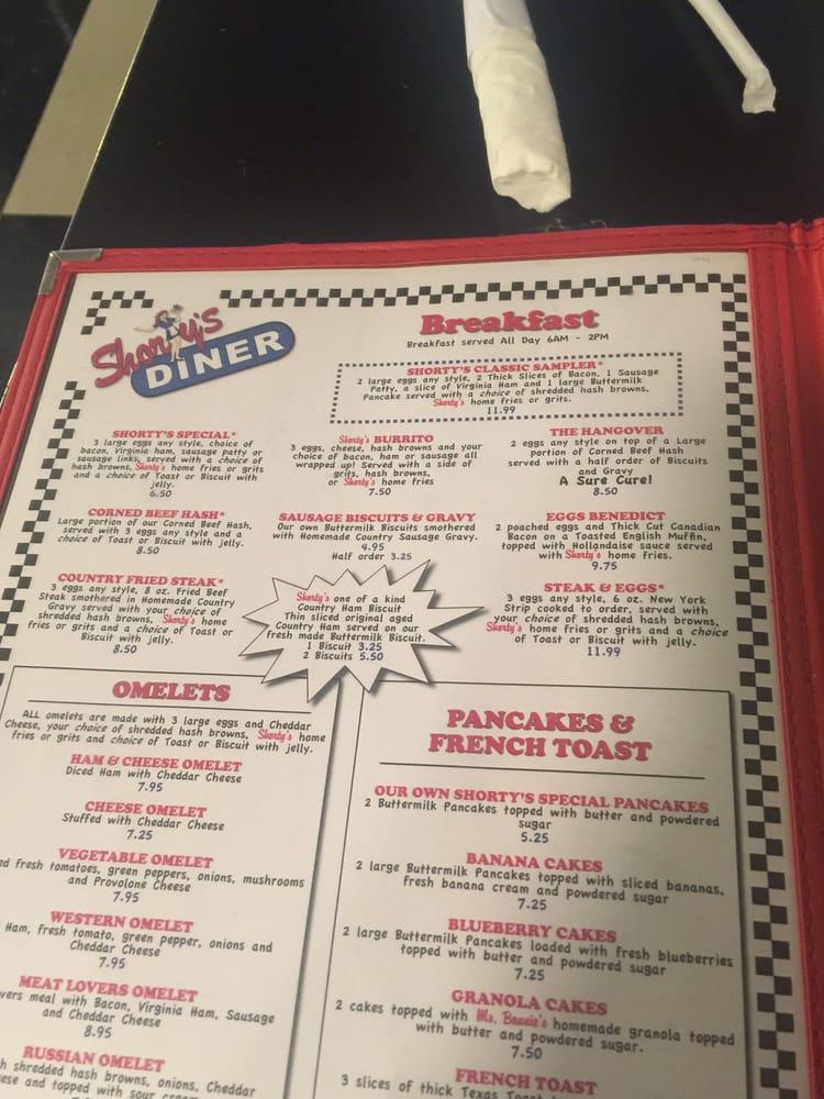 Menu at Shorty's Diner restaurant, Williamsburg