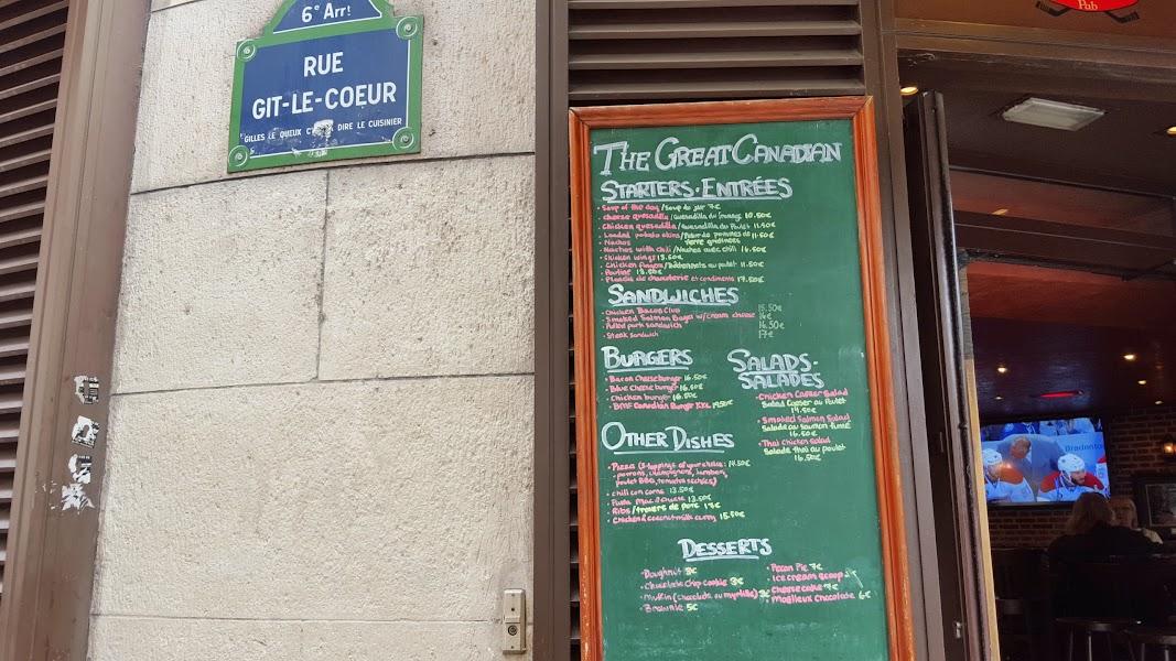 Menu at The Great Canadian Pub, Paris
