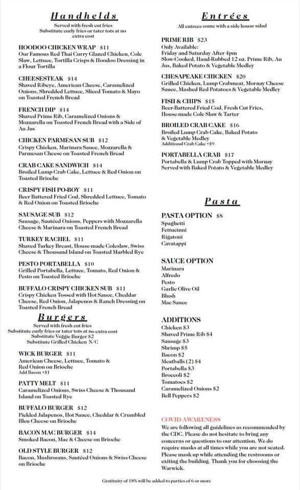 Menu at The Warwick Hotel pub & bar, Hummelstown