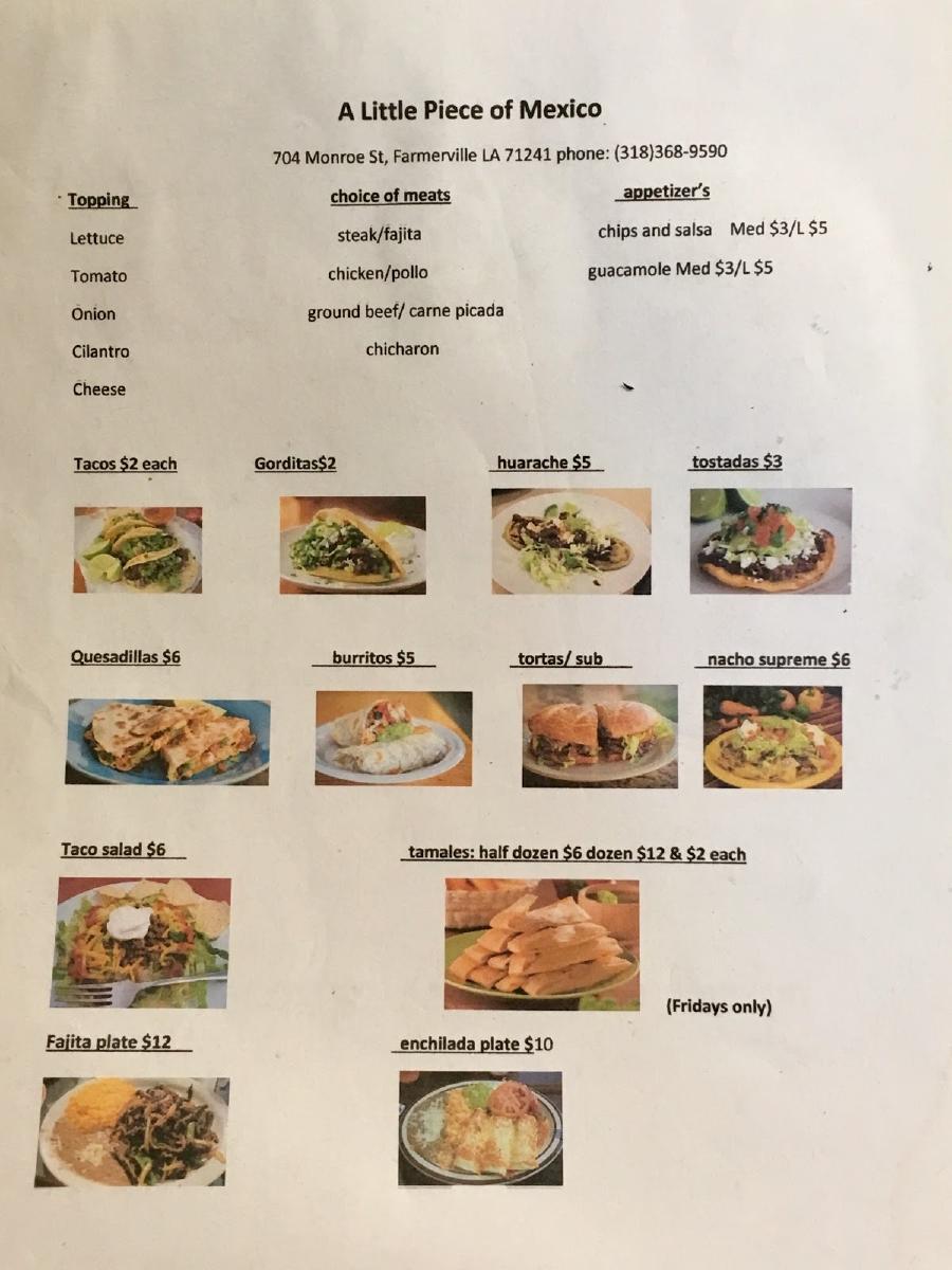 Menu at A Little Piece Of México restaurant, Farmerville, 704 ...