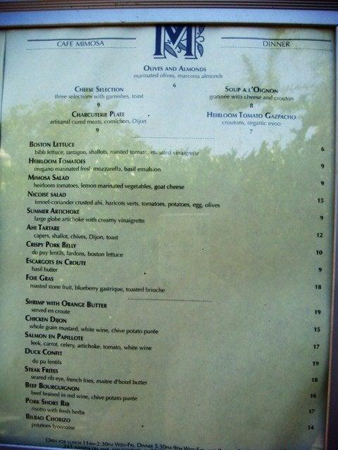 Menu at Cafe Mimosa, San Clemente