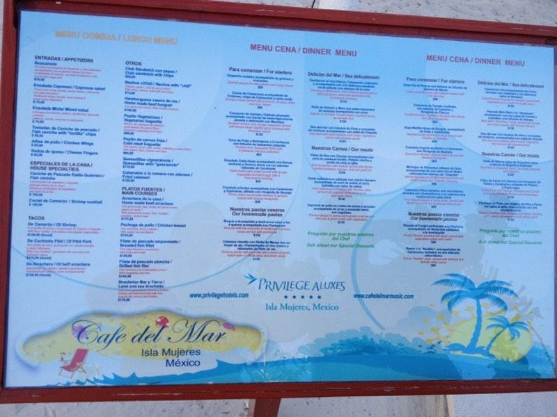 Menu at Café del Mar, Isla Mujeres