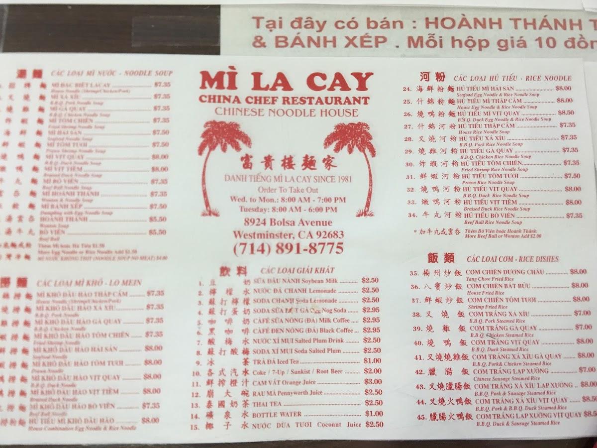 Menu at China Chef Mi La Cay restaurant, Westminster, Bolsa Ave