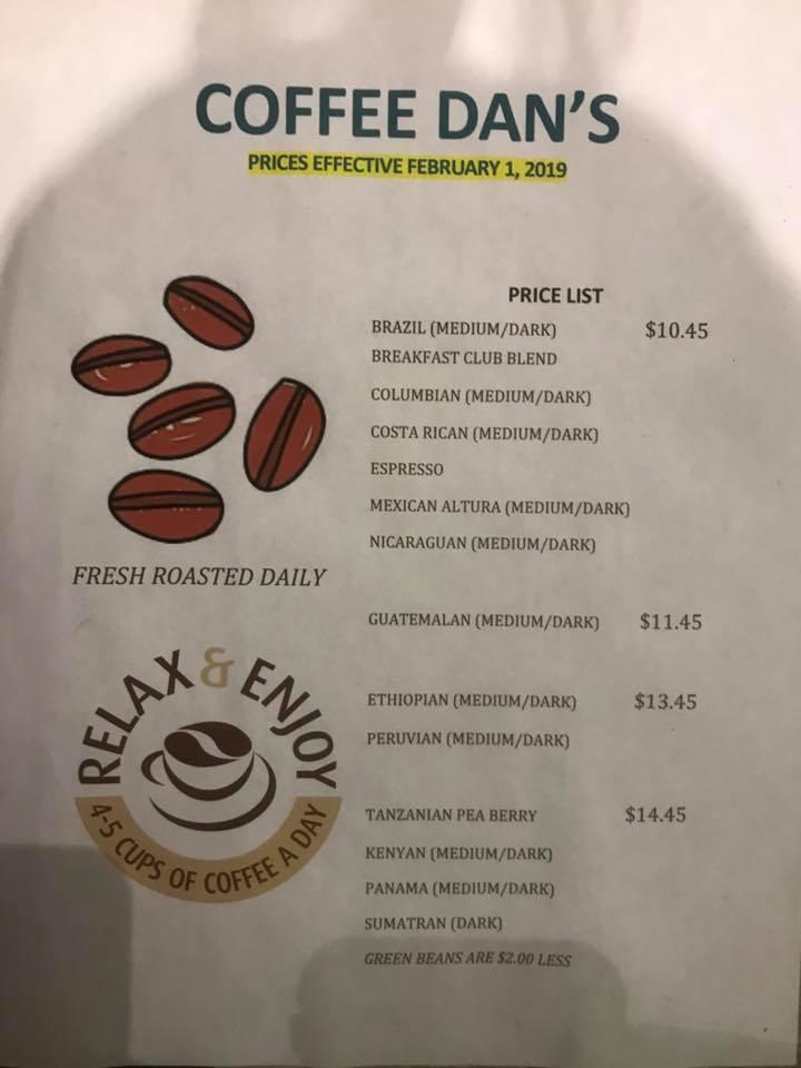 Carta del restaurante Coffee Dan's, Oklahoma City
