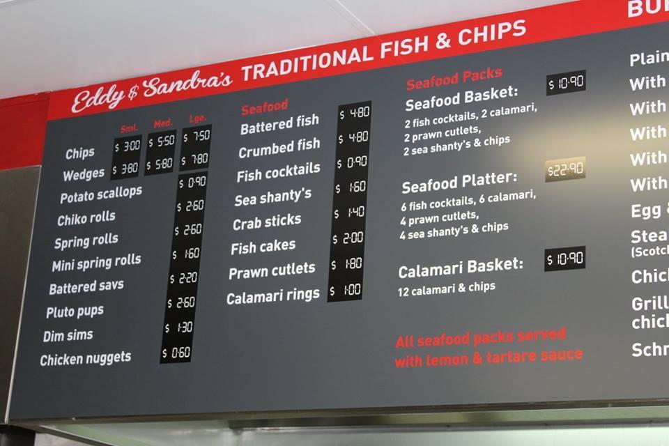 Menu at Eddy & Sandra's fast food, Unanderra