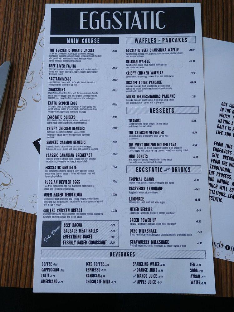 Menu at Eggstatic Toronto restaurant, Toronto