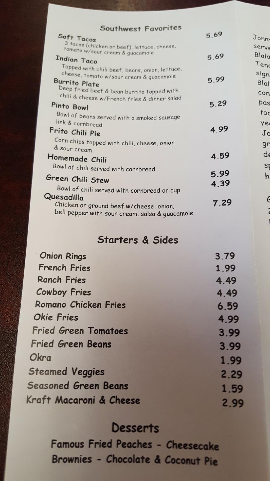 Menu at Jonny's At Oak Tree restaurant, Duncan