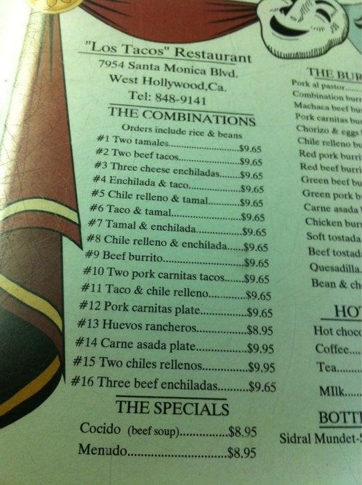 Menu at Los Tacos restaurant, West Hollywood