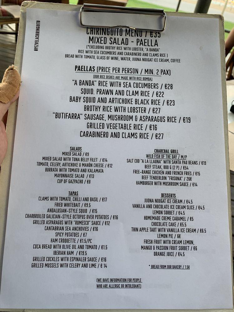 Menu at Peix Vela restaurant, Barcelona