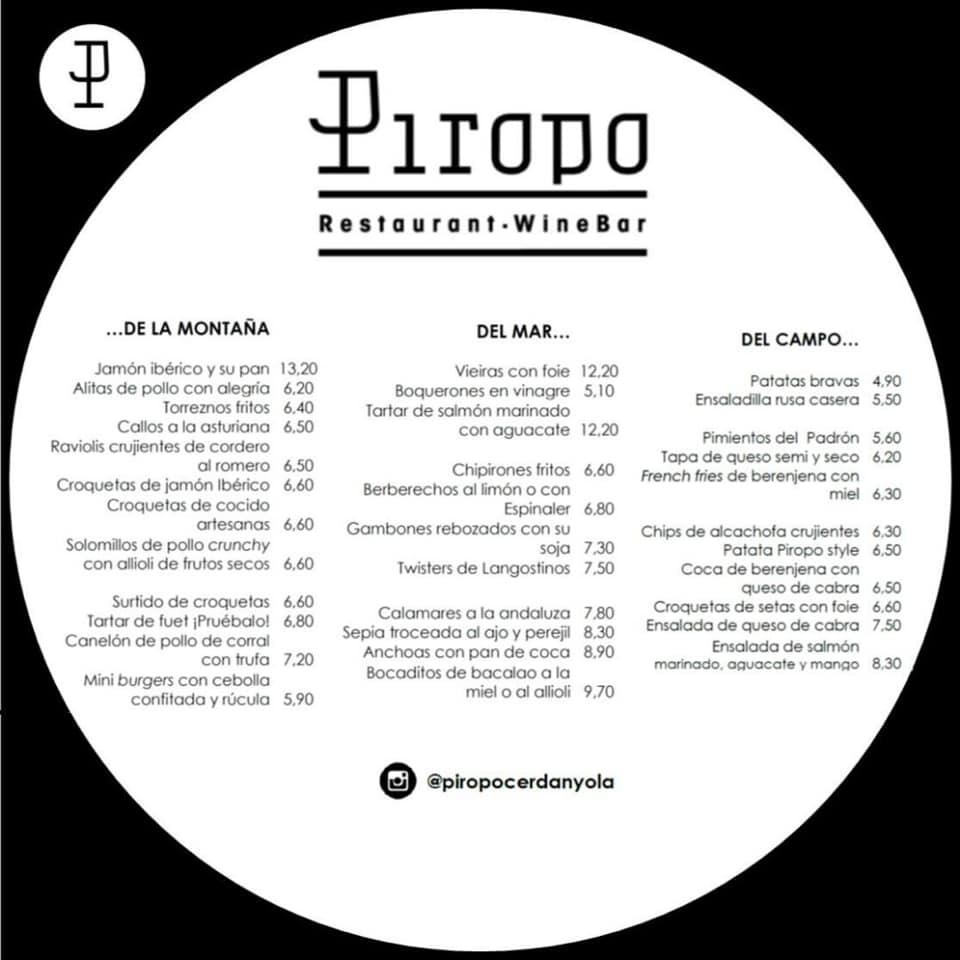 Carta del pub y bar Piropo, Sardañola del Vallés