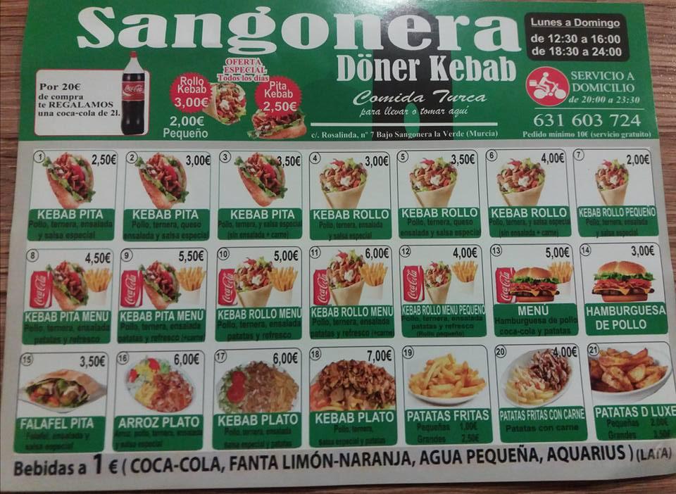 Menu at Sangonera Doner Kebap restaurant, Sangonera la Verde