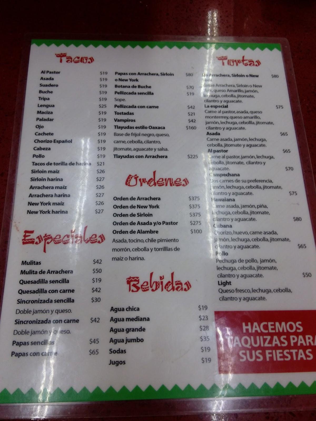 Menu at Tacos el Chino restaurant, Tijuana, La Paz 8853