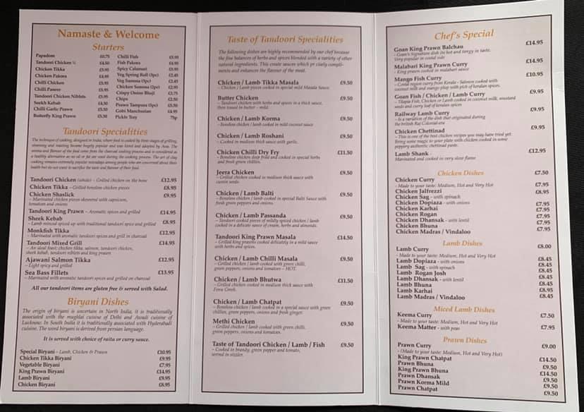 Menu at Taste of Tandoori restaurant, Reading, 33 Hildens Dr