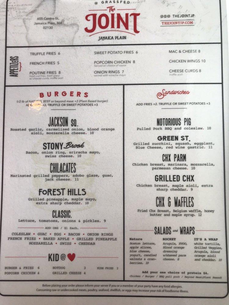 Menu at The Joint restaurant, Boston