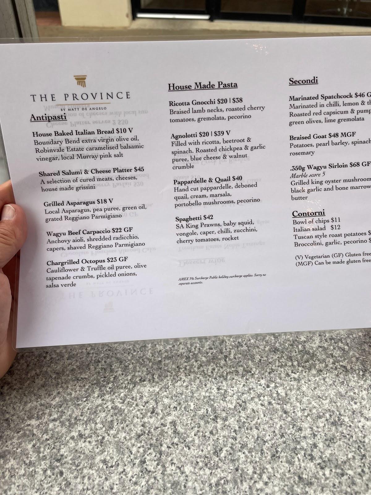Menu at The Province restaurant, Mildura