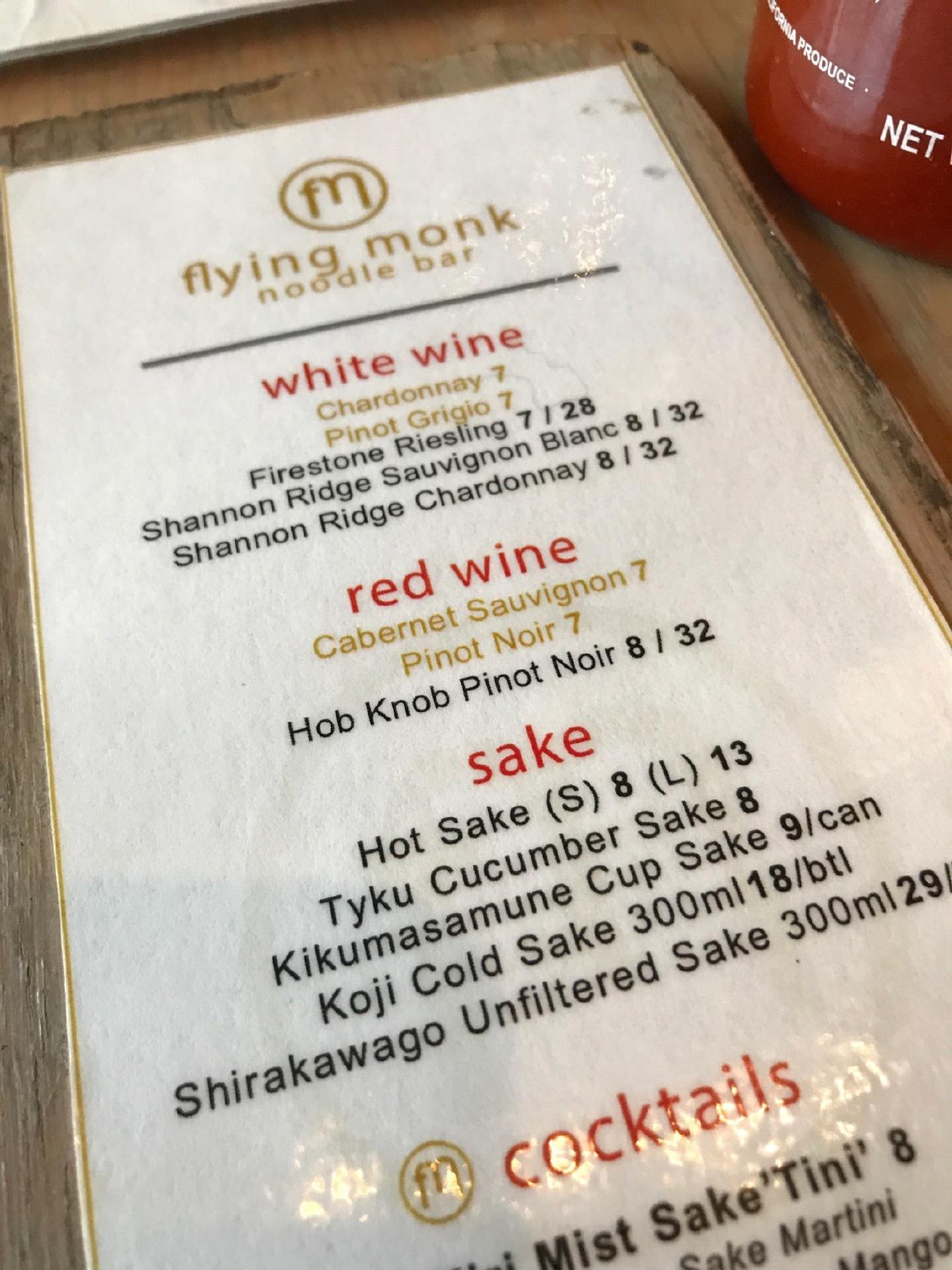 Menu at Flying Monk Noodle Bar, Savannah
