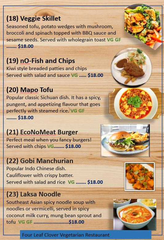 Menu at Four Leaf Clover Vegetarian Restaurant, Timaru
