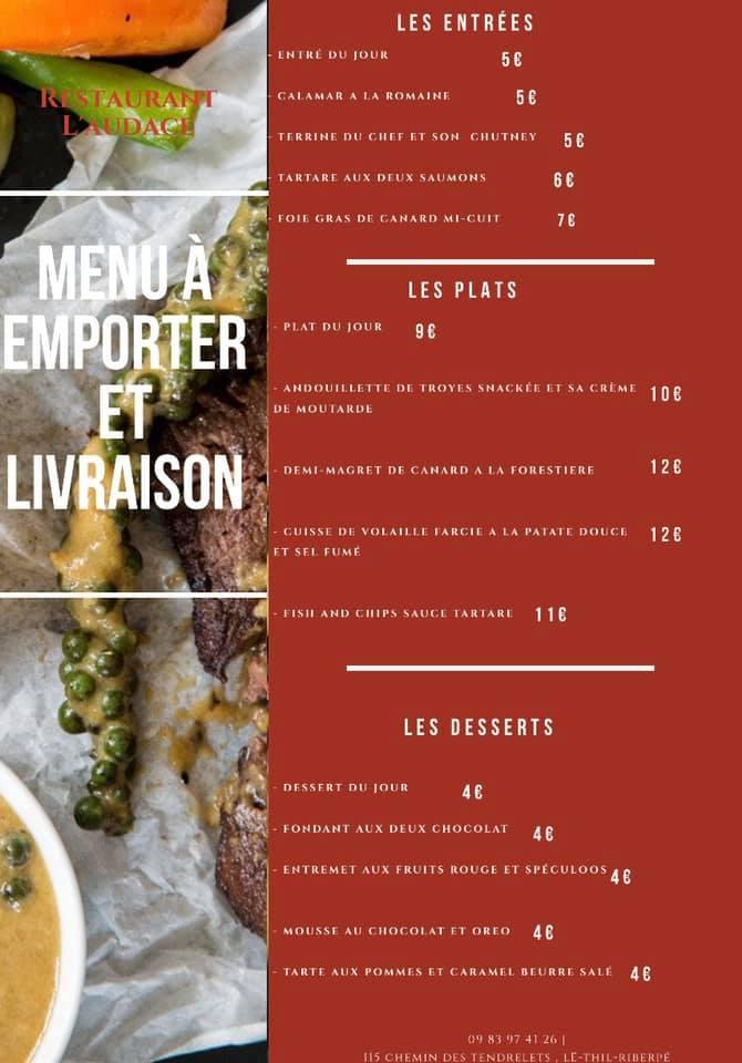 Menu au L'Audace restaurant, Le Thil-Riberpré