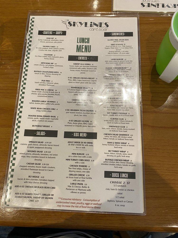 Menu at Skylines Cafe, Clayton