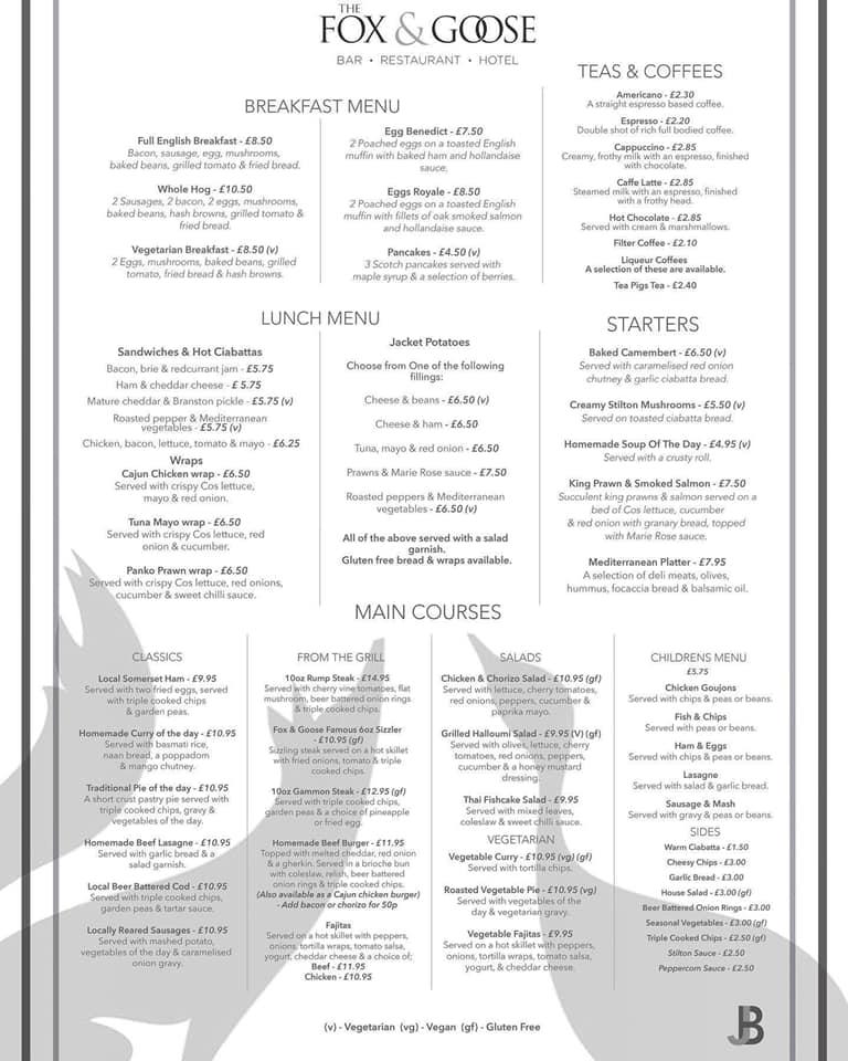 Menu at The Fox & Goose Hotel Bar and Restaurant, Highbridge