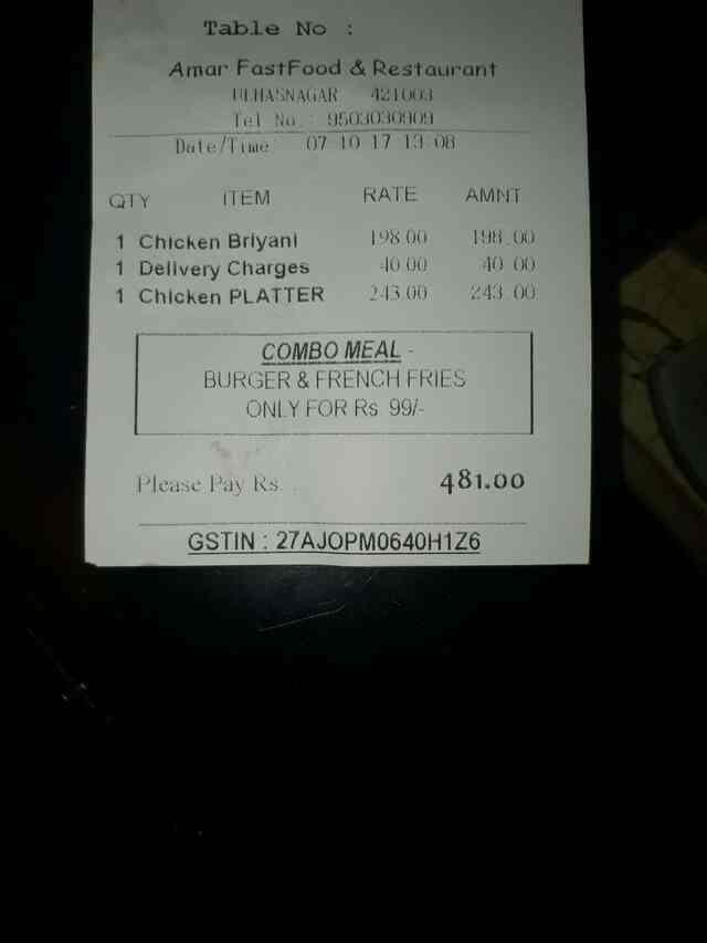 Menu at Amar Fast Food and Restaurant, Ulhasnagar