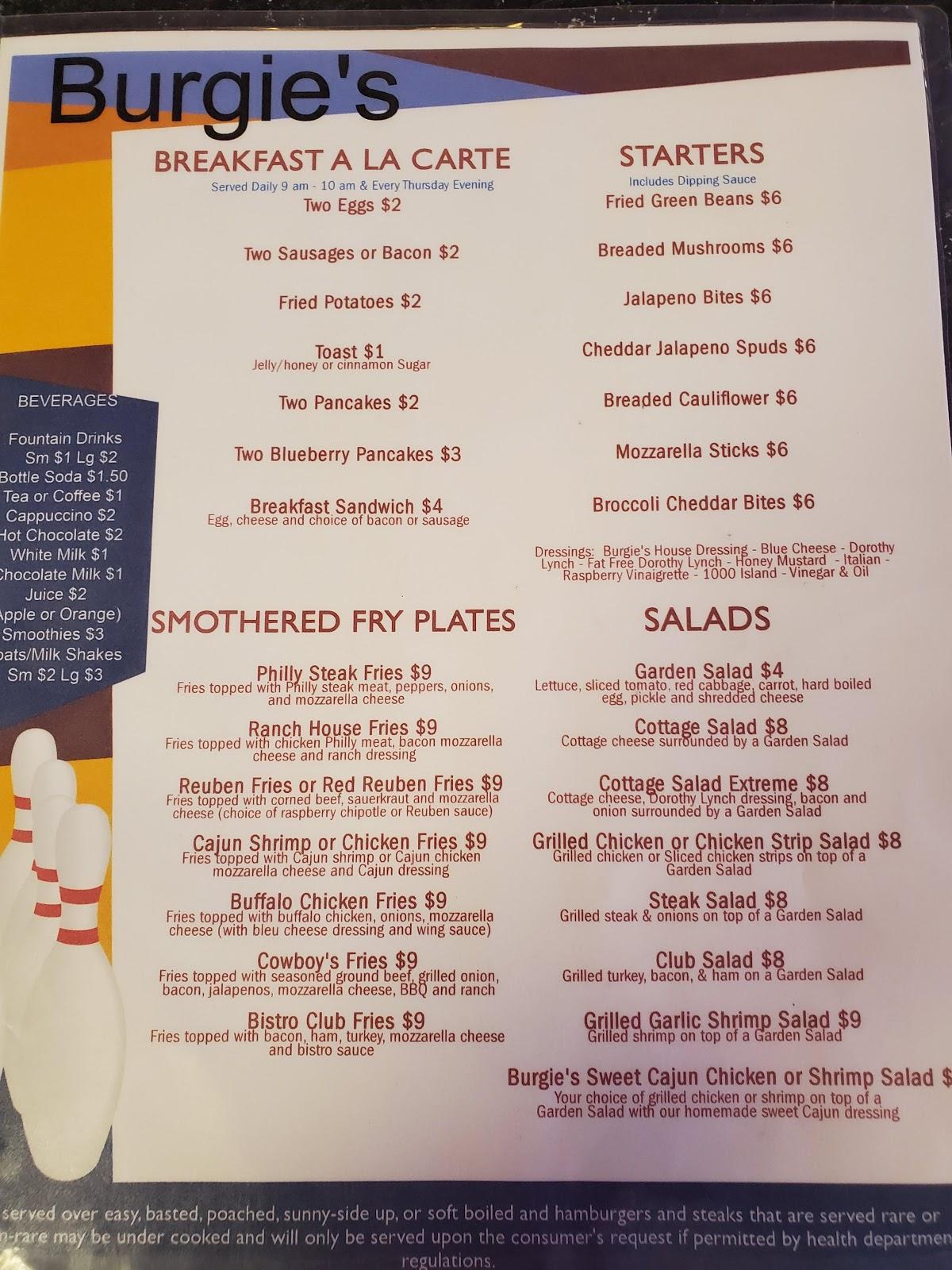 Menu at Burgie's Bowling restaurant, Chappell