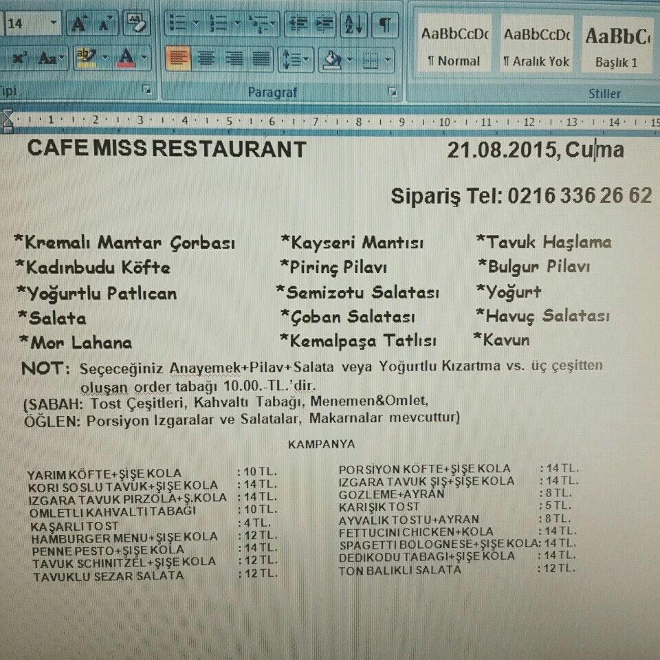 Menu at Cafe Miss, Istanbul, Kasap İsmail Sk. No:3