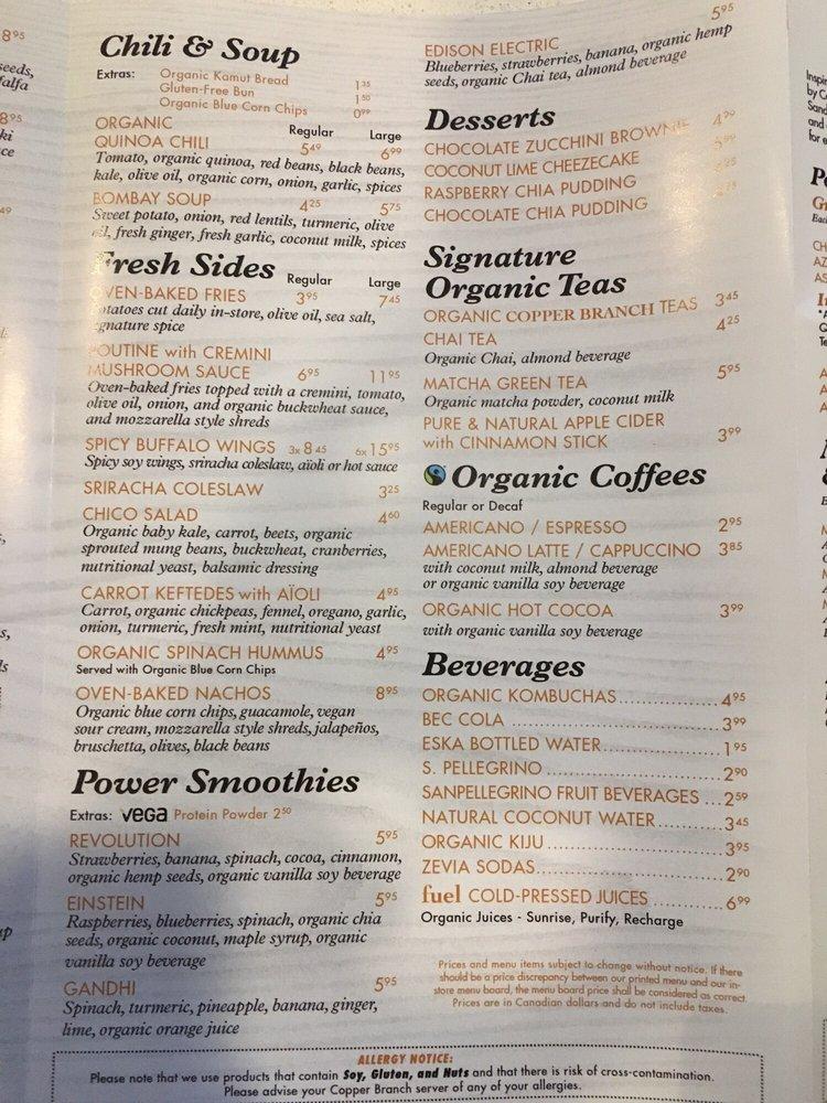 Menu at Copper Branch restaurant, Brossard