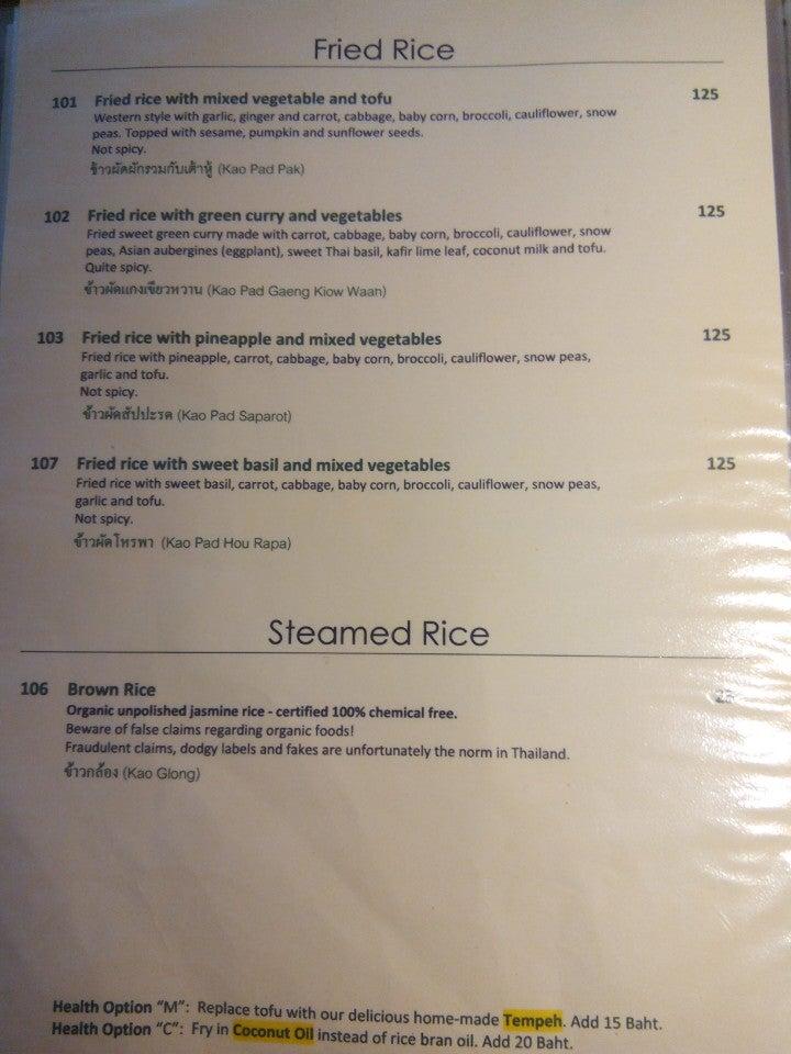 Menu at Ethos Vegetarian Restaurant, Bangkok