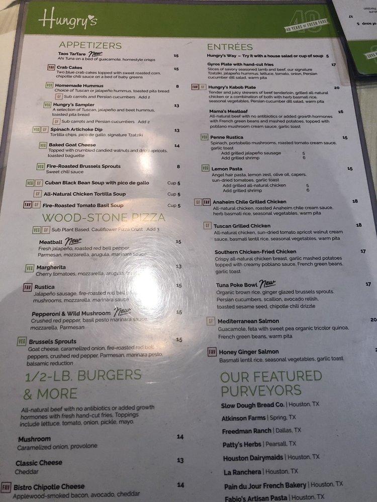 Menu at Hungry's restaurant, Houston, Rice Boulevard fl 2