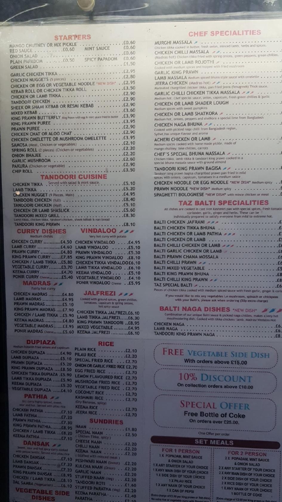 Menu at New Taz restaurant, London