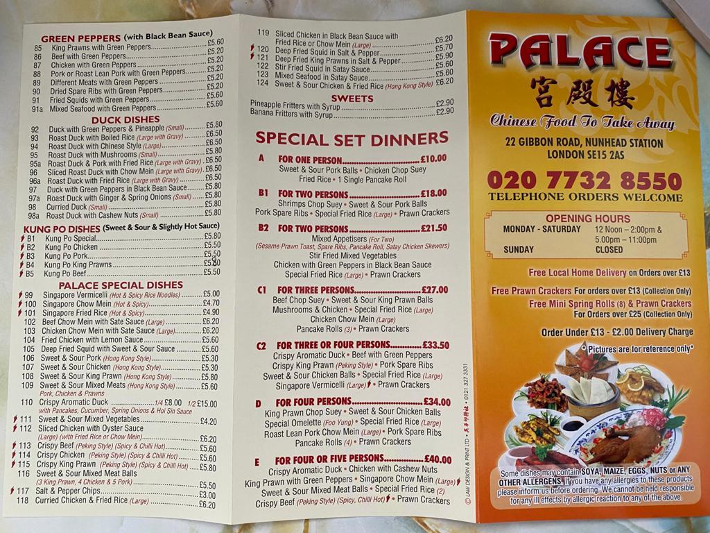 Menu at Palace fast food, London, 22 Gibbon Rd