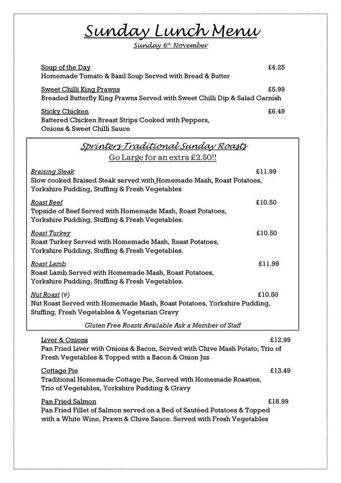 Menu at Sprinters Premier Steakhouse, Nottingham