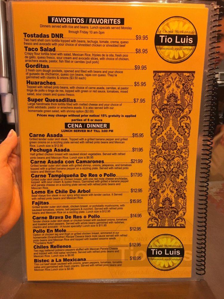 Menu at Tio Luis Tacos restaurant, Chicago