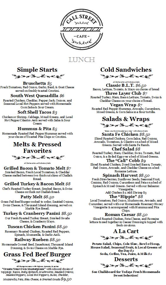 Menu at Call Street Cafe, Starke