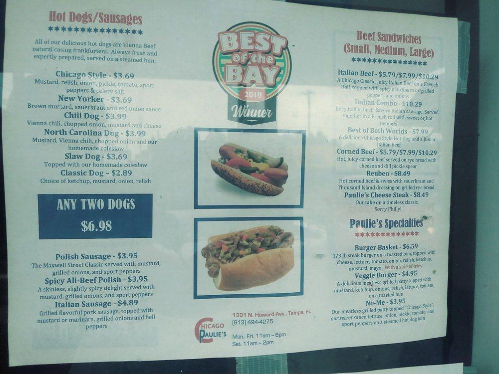 Menu at Chicago Paulie's restaurant, Tampa