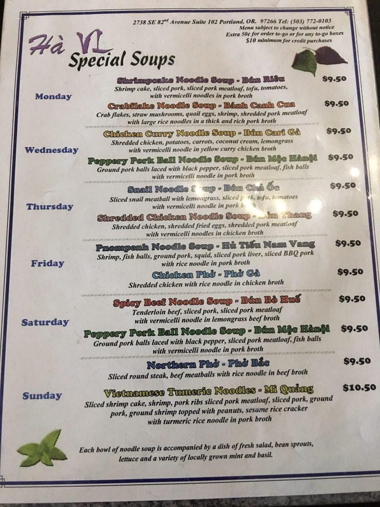 Menu at HA VL Vietnamese Noodle Soup restaurant, Portland