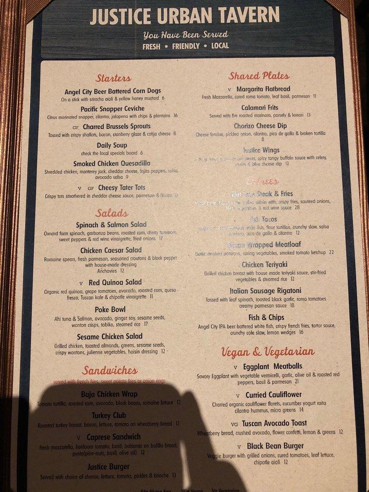 Menu at Justice Urban Tavern pub & bar, Los Angeles