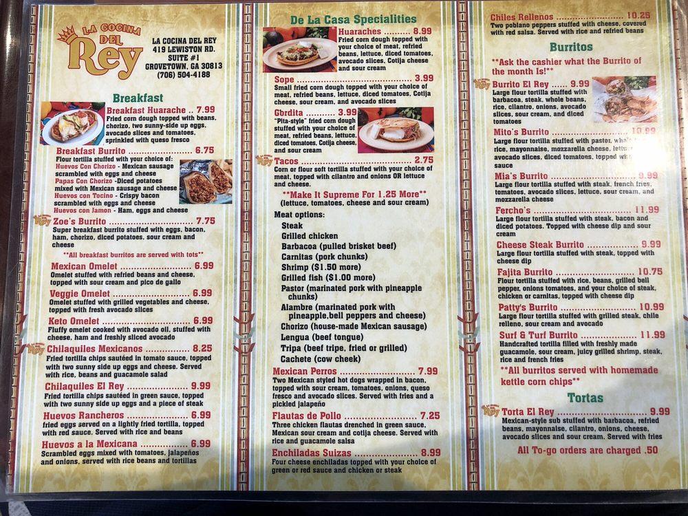 Menu at La Cocina Del REY restaurant, Grovetown