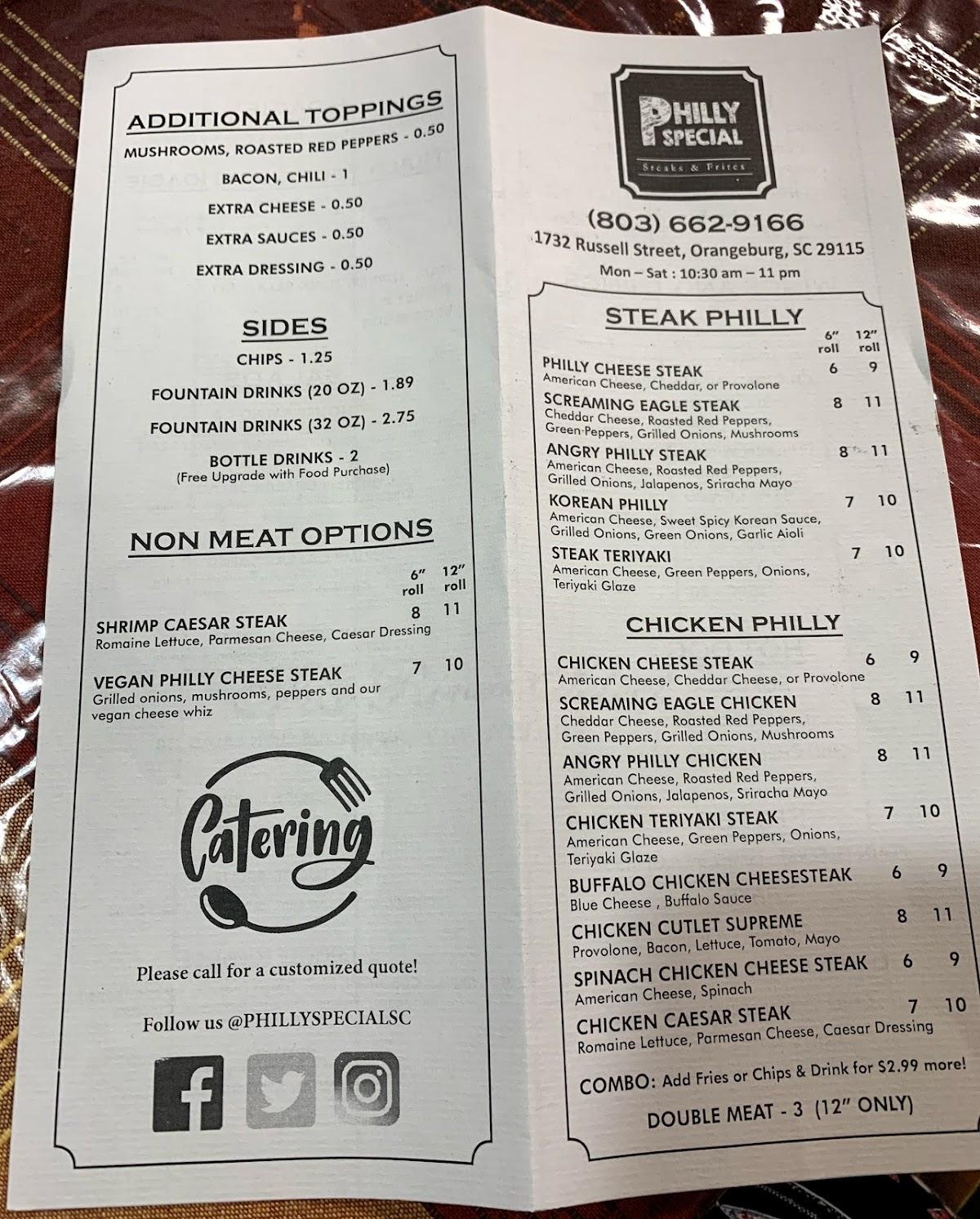 Carta del restaurante Philly Special, Orangeburg
