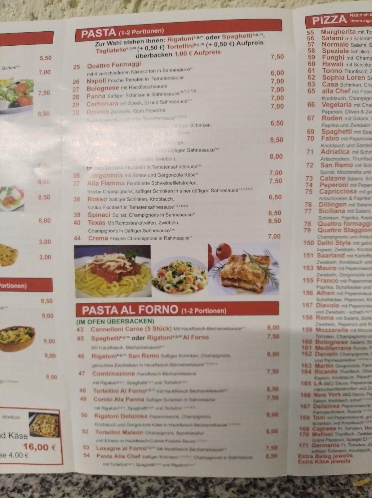 Menu at San Remo pizzeria, Dillingen