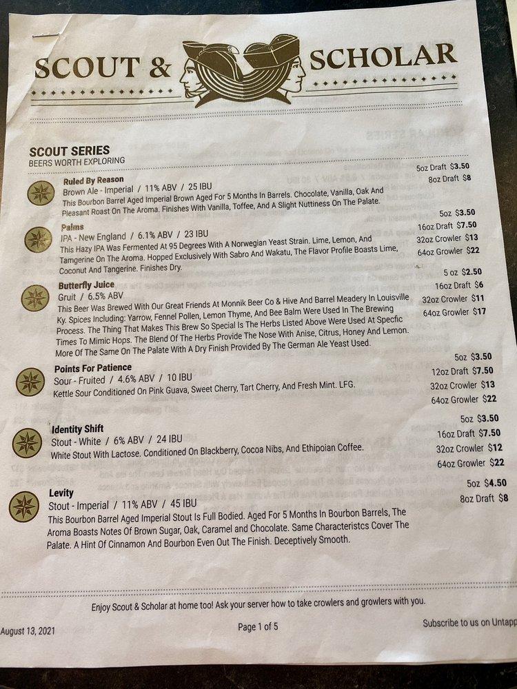 Menu at Scout & Scholar Brewing Co. restaurant, Bardstown