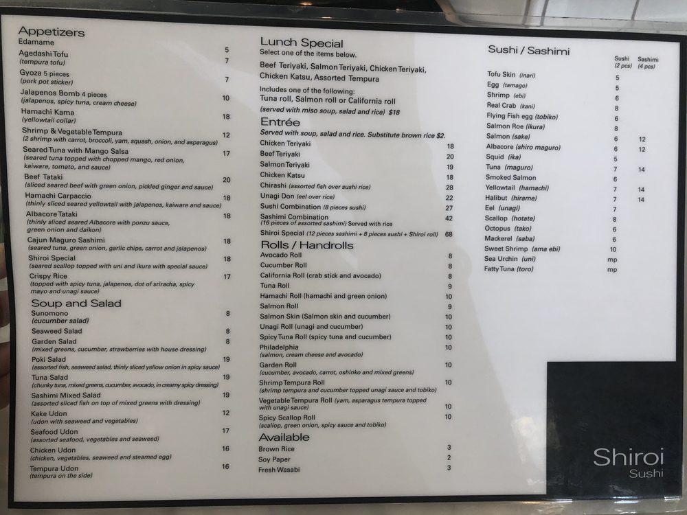Menu at Shiroi Sushi restaurant, Los Gatos
