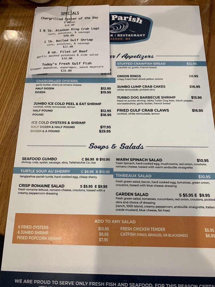 Menu at The Parish Oyster Bar & Restaurant, Hernando