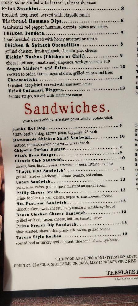 Menu at The Place Tavern pub & bar, Hiram