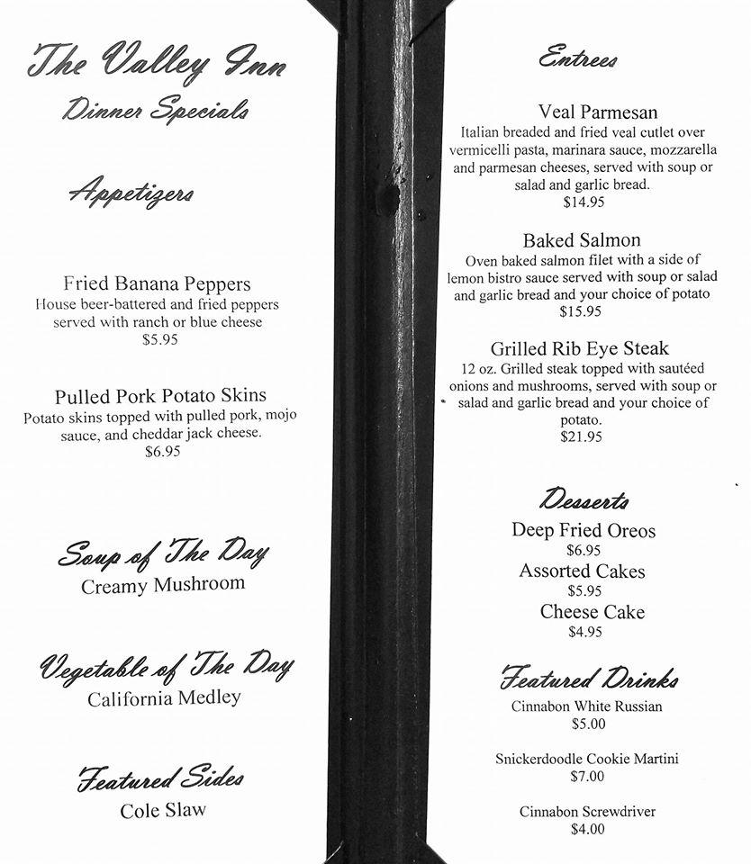 Menu at Valley Inn pub & bar, Williamsport
