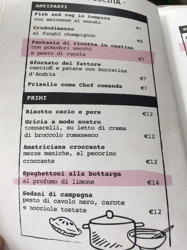 Menu at Apoteca restaurant, Rome