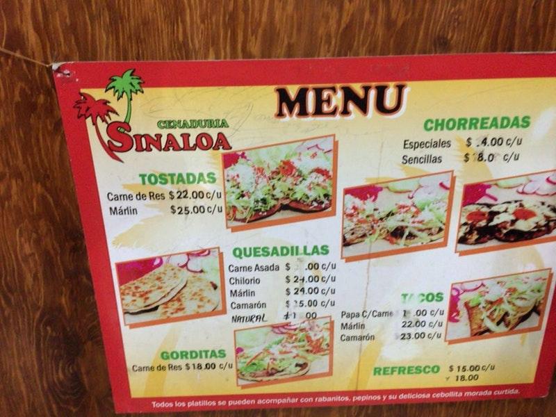 Menu at Cenaduría Sinaloense restaurant, Saltillo